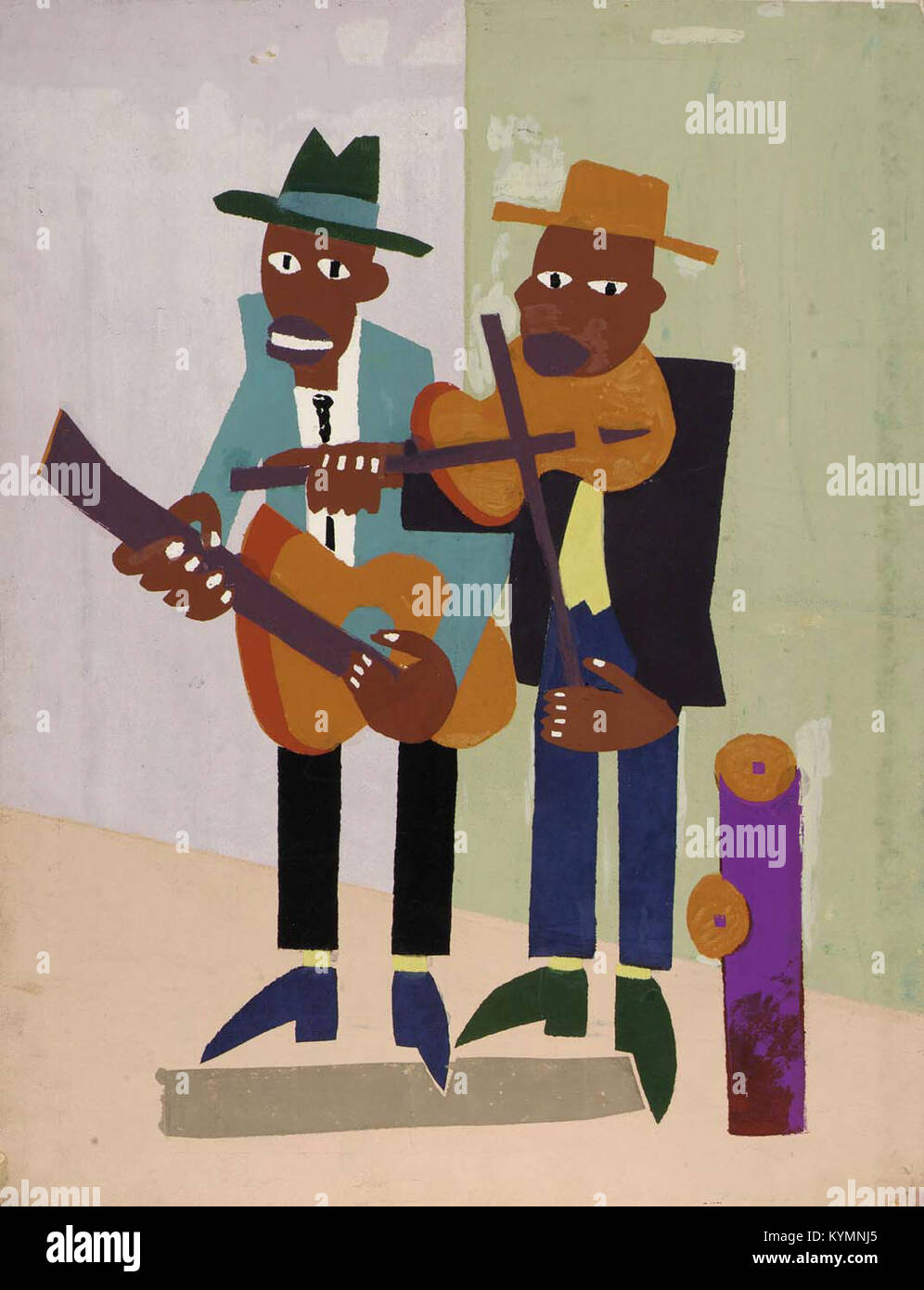 This image depicts street musicians performing on a city street ...