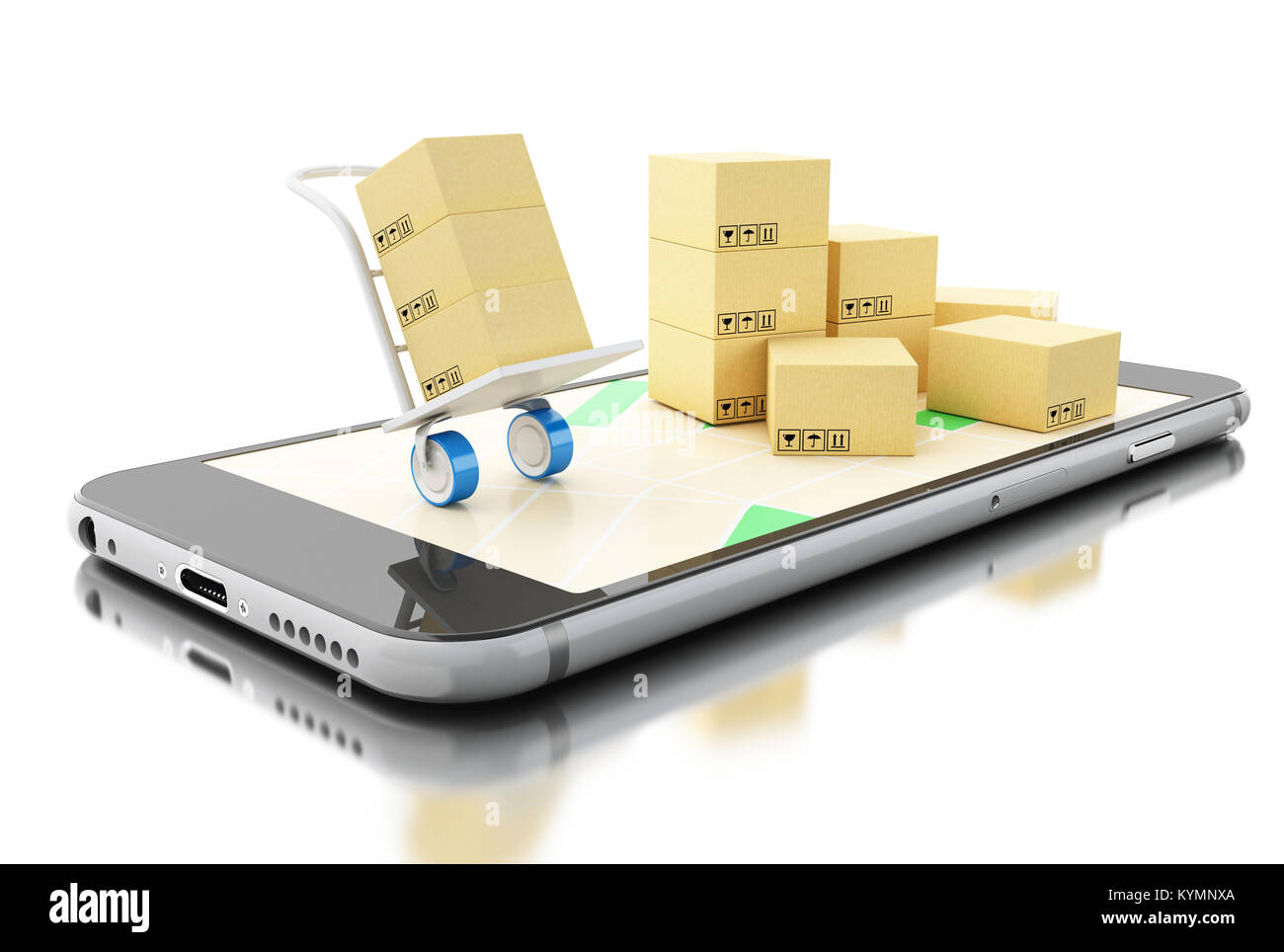 3d illustration. Smartphone on city map with cardboard boxes. Shipping ...