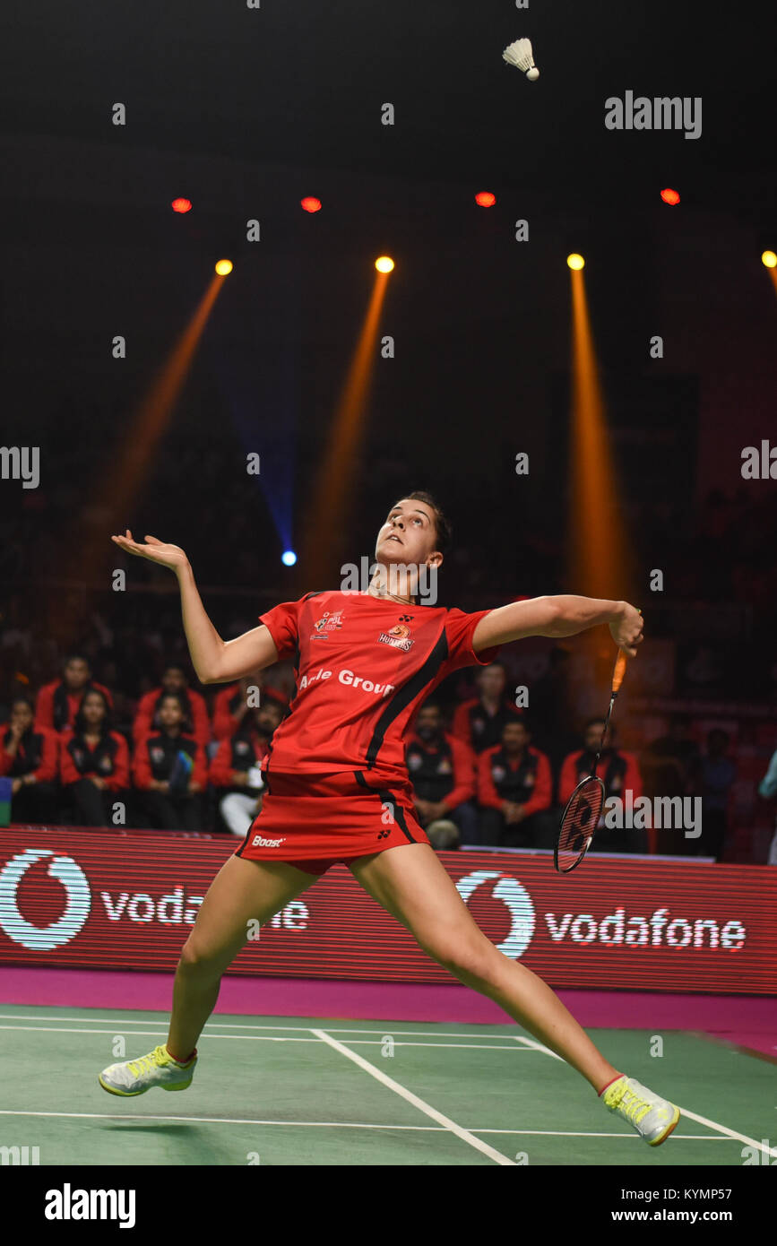 Hyderabad, India. 14th Jan, 2018. Carolina Marin in action during PBL Premiere Badminton League ...