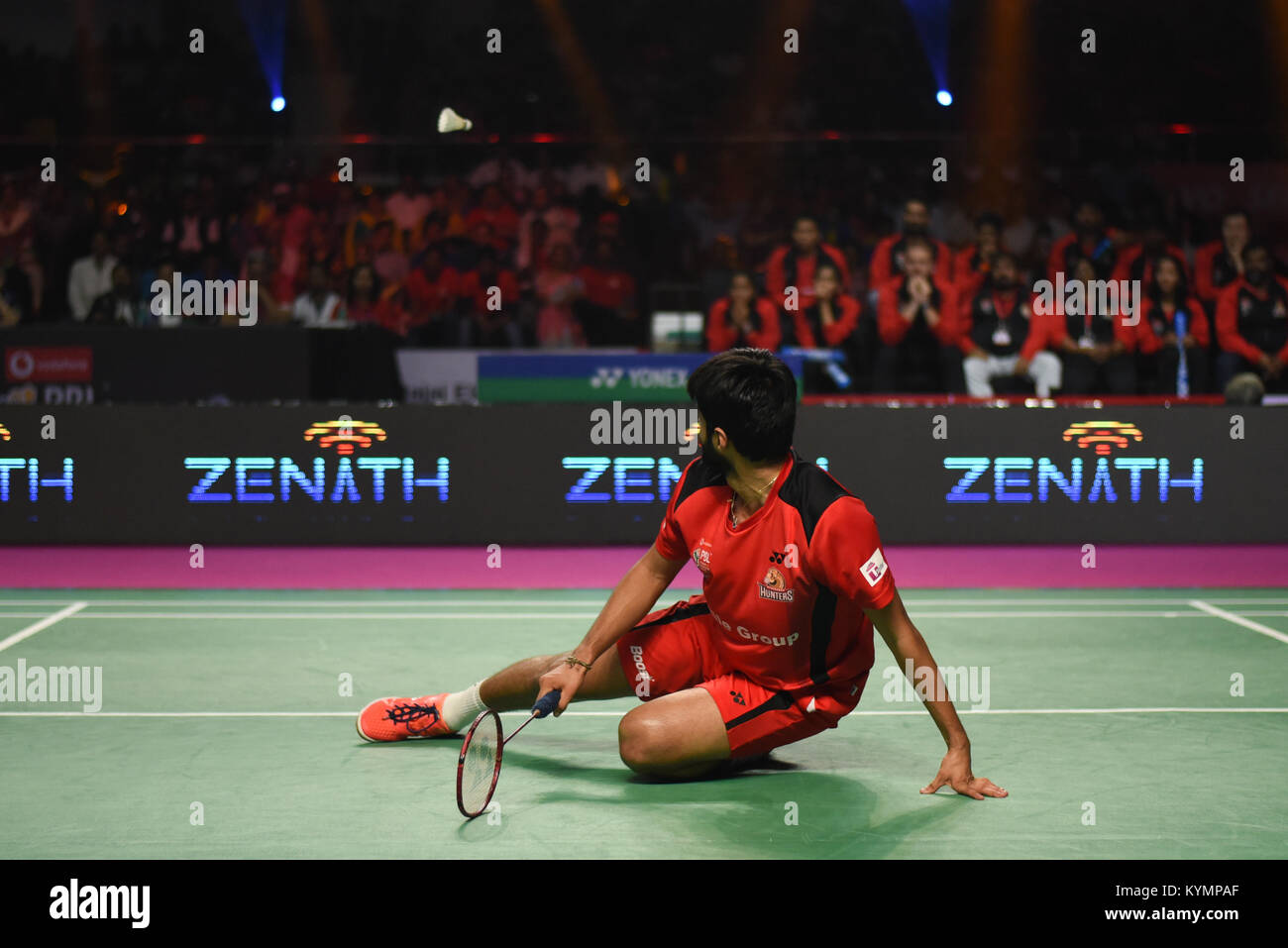 Hyderabad, India. 14th Jan, 2018. Sai Praneeth of Hyderabad Hunters in action against Bengaluru ...