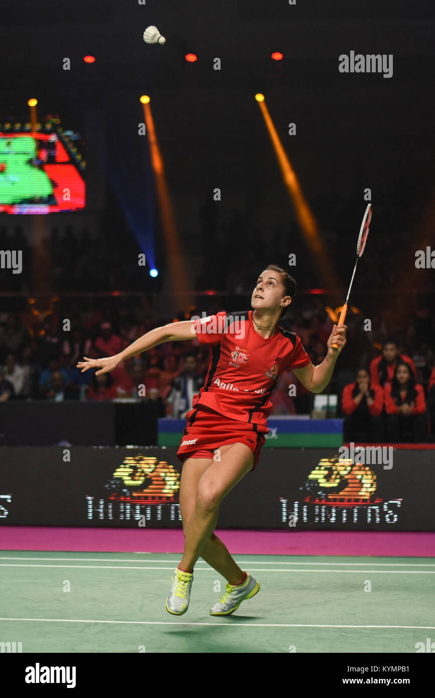 Hyderabad, India. 14th Jan, 2018. Carolina Marin in action during PBL Premiere Badminton League ...