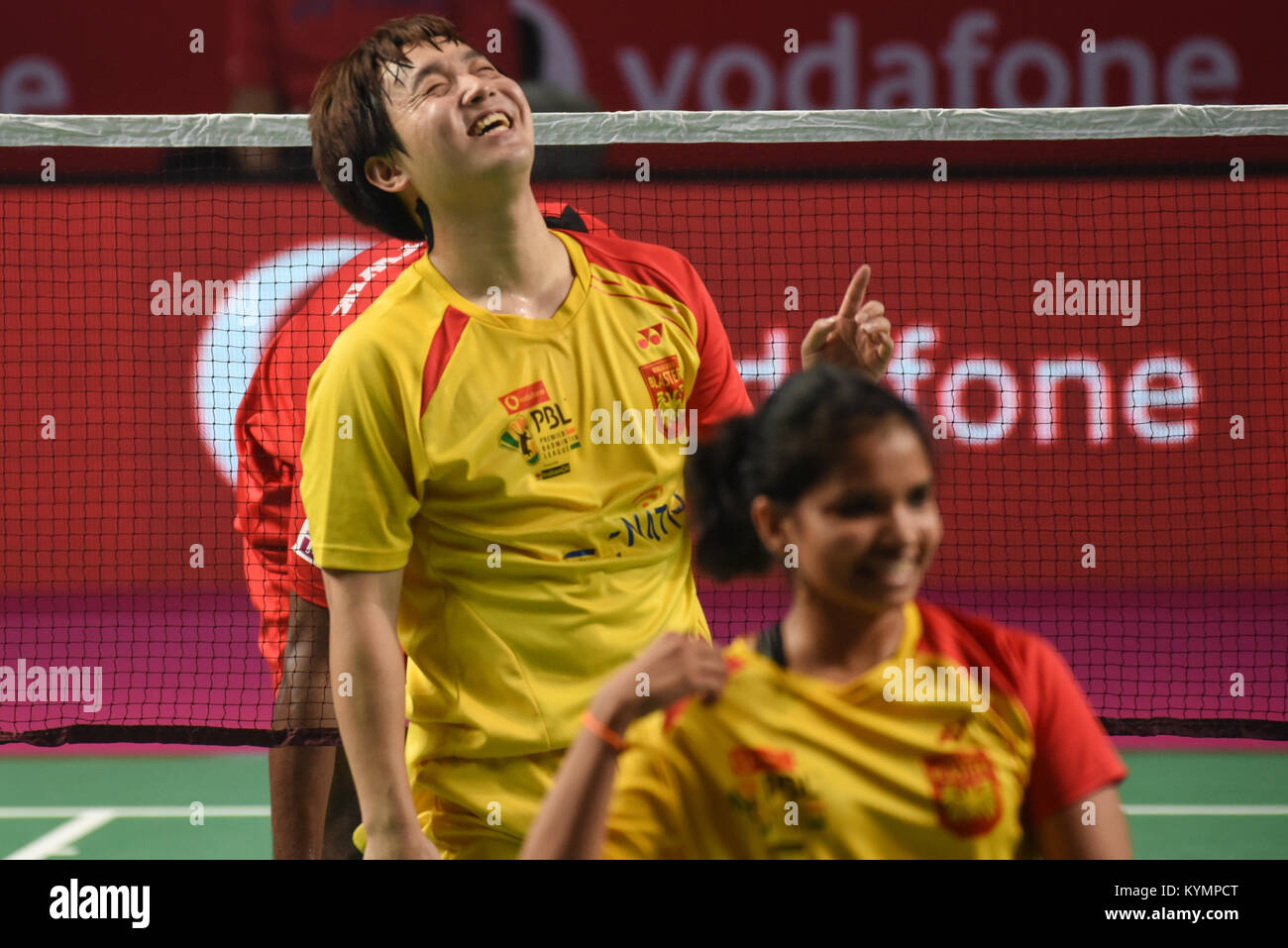 Hyderabad, India. 14th Jan, 2018. KIM SA RANG of Bengaluru Blasters react during PBL Premiere ...