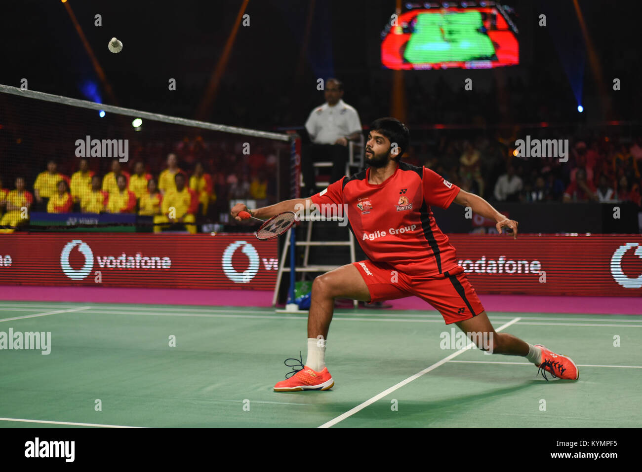 Hyderabad, India. 14th Jan, 2018. Sai Praneeth of Hyderabad Hunters in action against Bengaluru ...