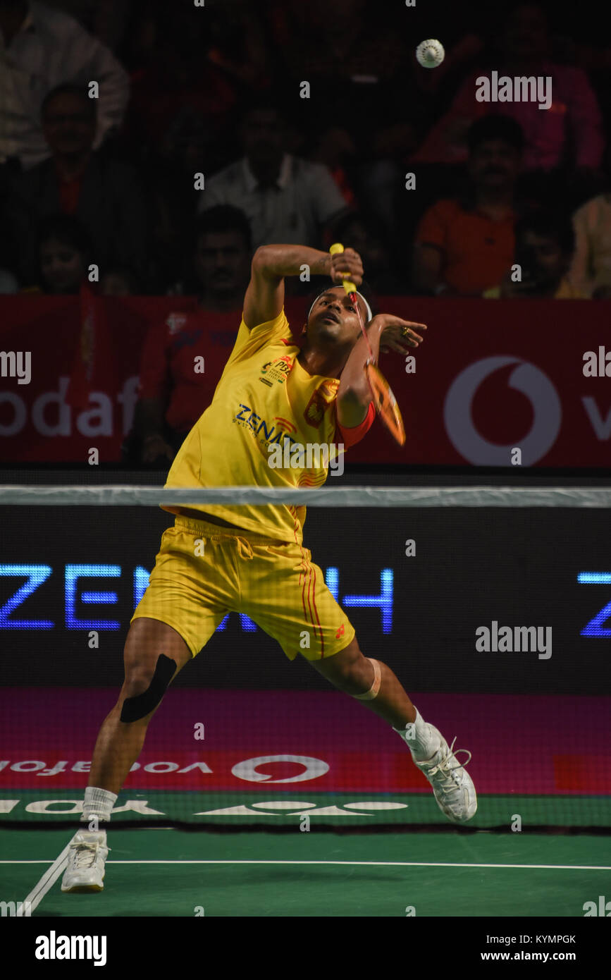 Hyderabad, India. 14th Jan, 2018. Subankar Dey of Bengaluru Blasters in action during PBL ...