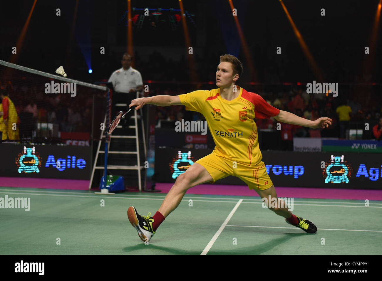 Hyderabad, India. 14th Jan, 2018. Viktor Axelsen in action during PBL Premiere Badminton League ...