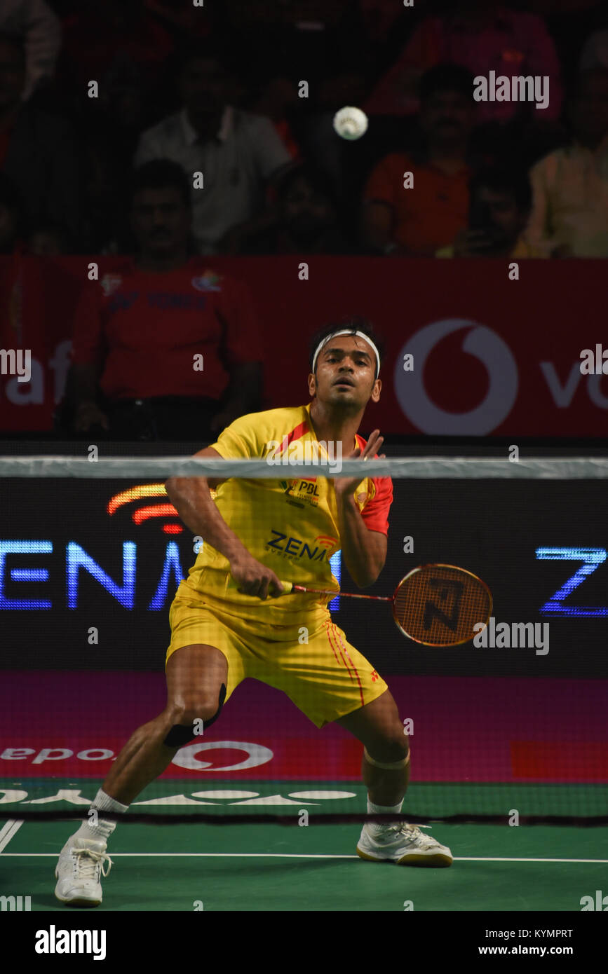 Hyderabad, India. 14th Jan, 2018. Subankar Dey of Bengaluru Blasters in action during PBL ...