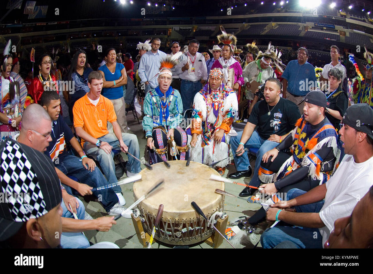 Photograph of a 2007 Powwow showing Native American drummers in a ...