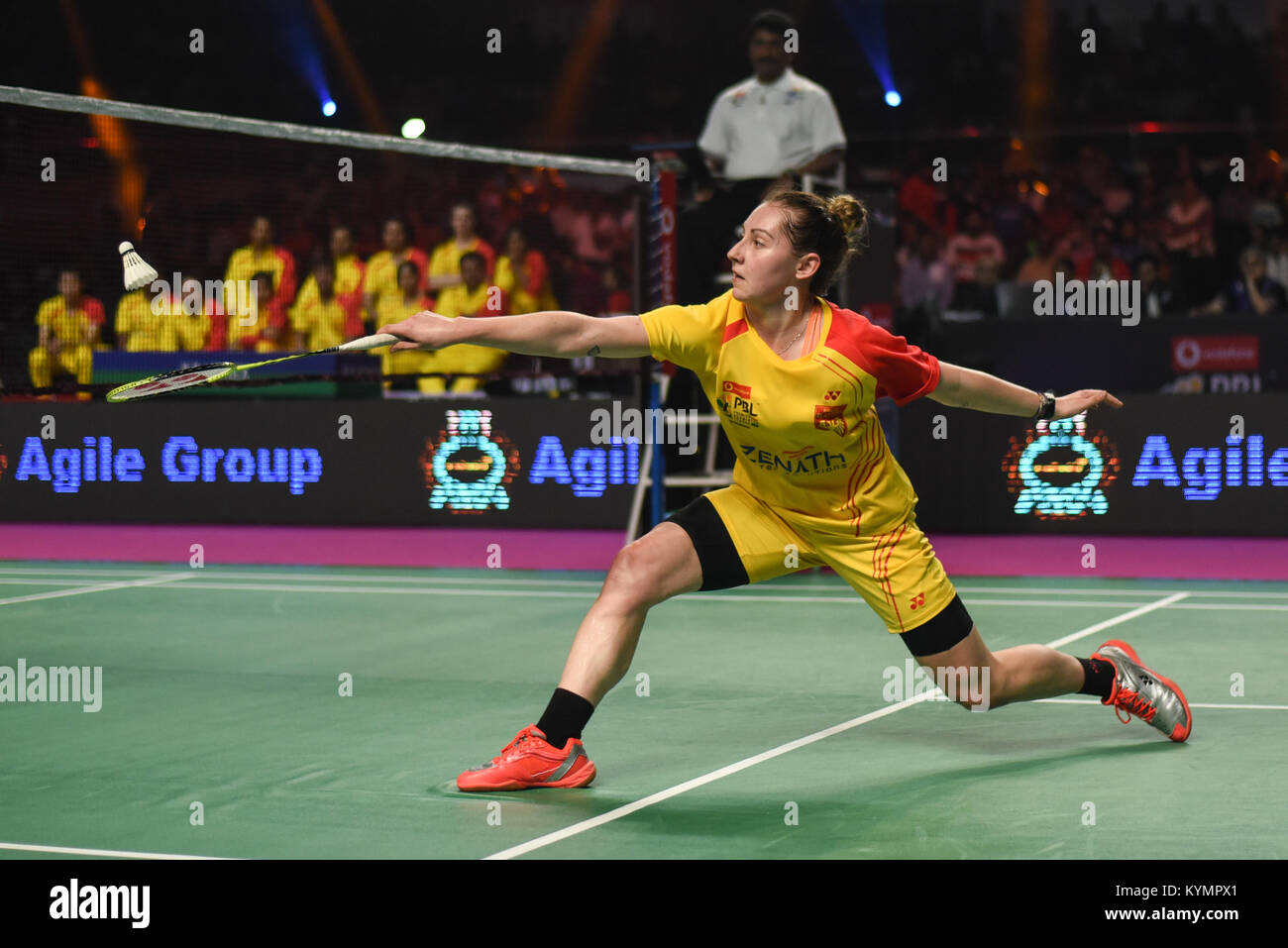 Hyderabad, India. 14th Jan, 2018. Kirsty Gilmour in action against Carolina Marin in Premiere ...