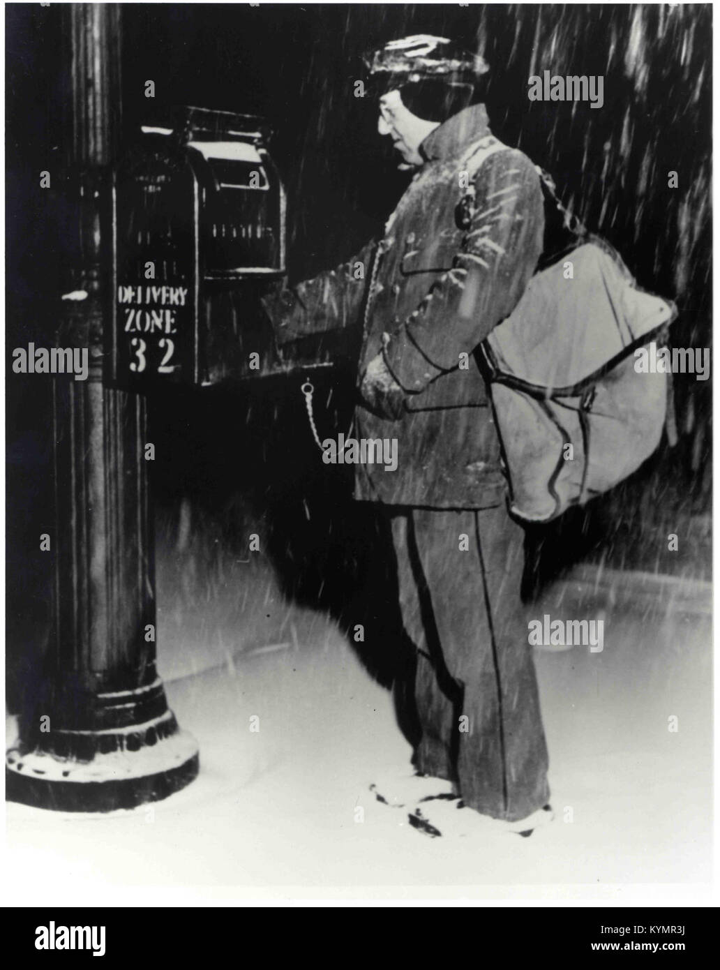 Illustration depicting a letter carrier in snow, delivering mail across ...