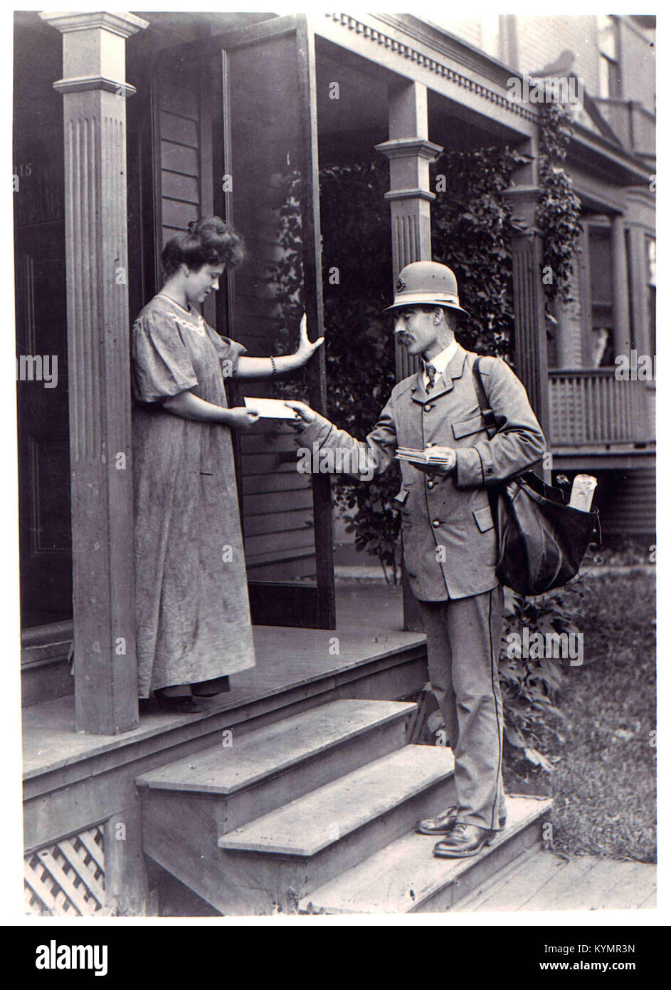 An illustration of a letter carrier delivering mail during the early ...