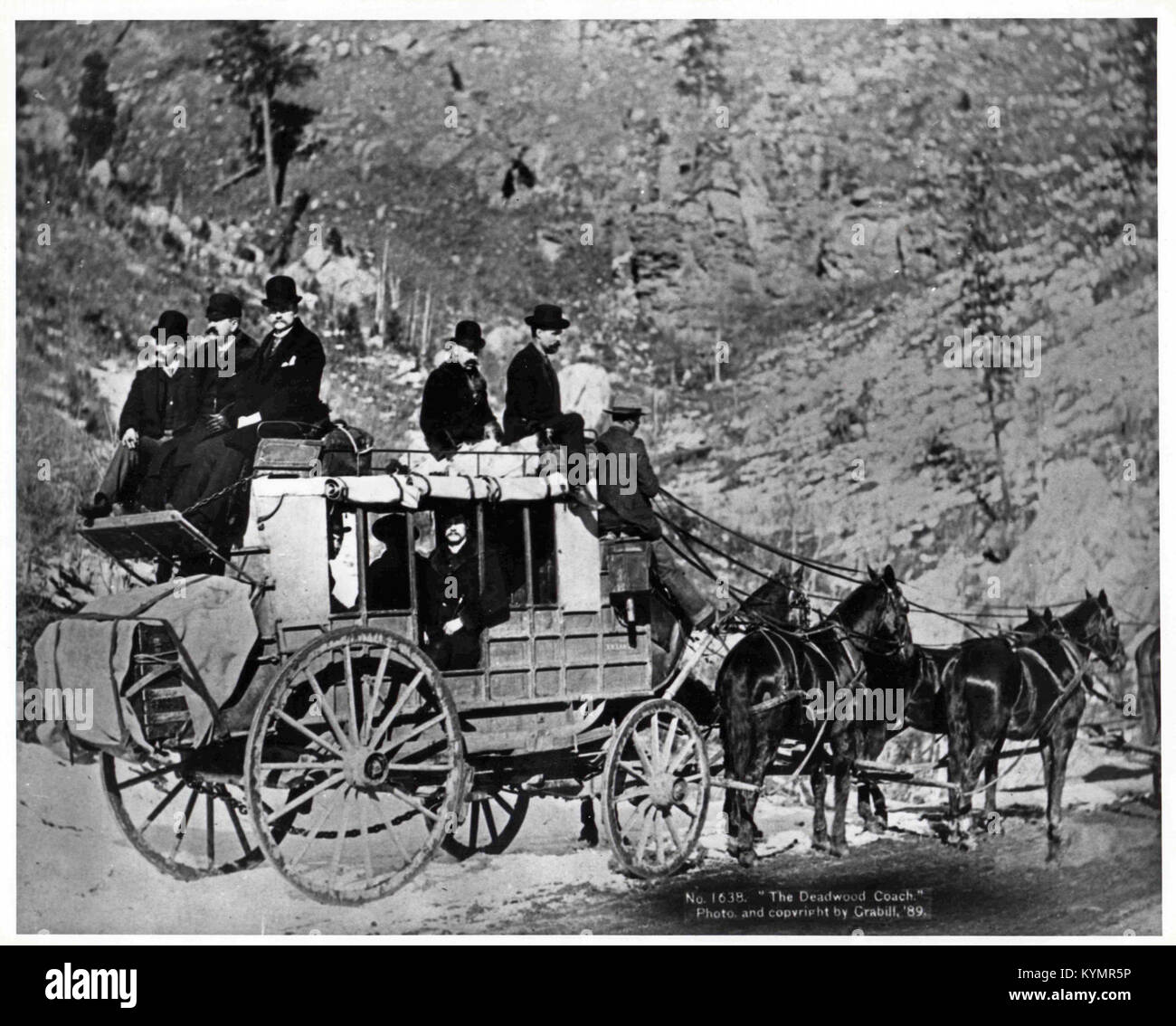 A historic photograph of the Deadwood Coach, a horse-drawn stagecoach ...