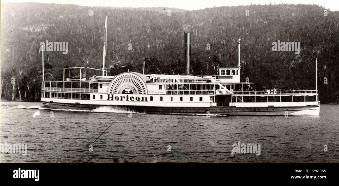 A historic photograph of the steamboat 'Horicon' on Lake George, taken ...