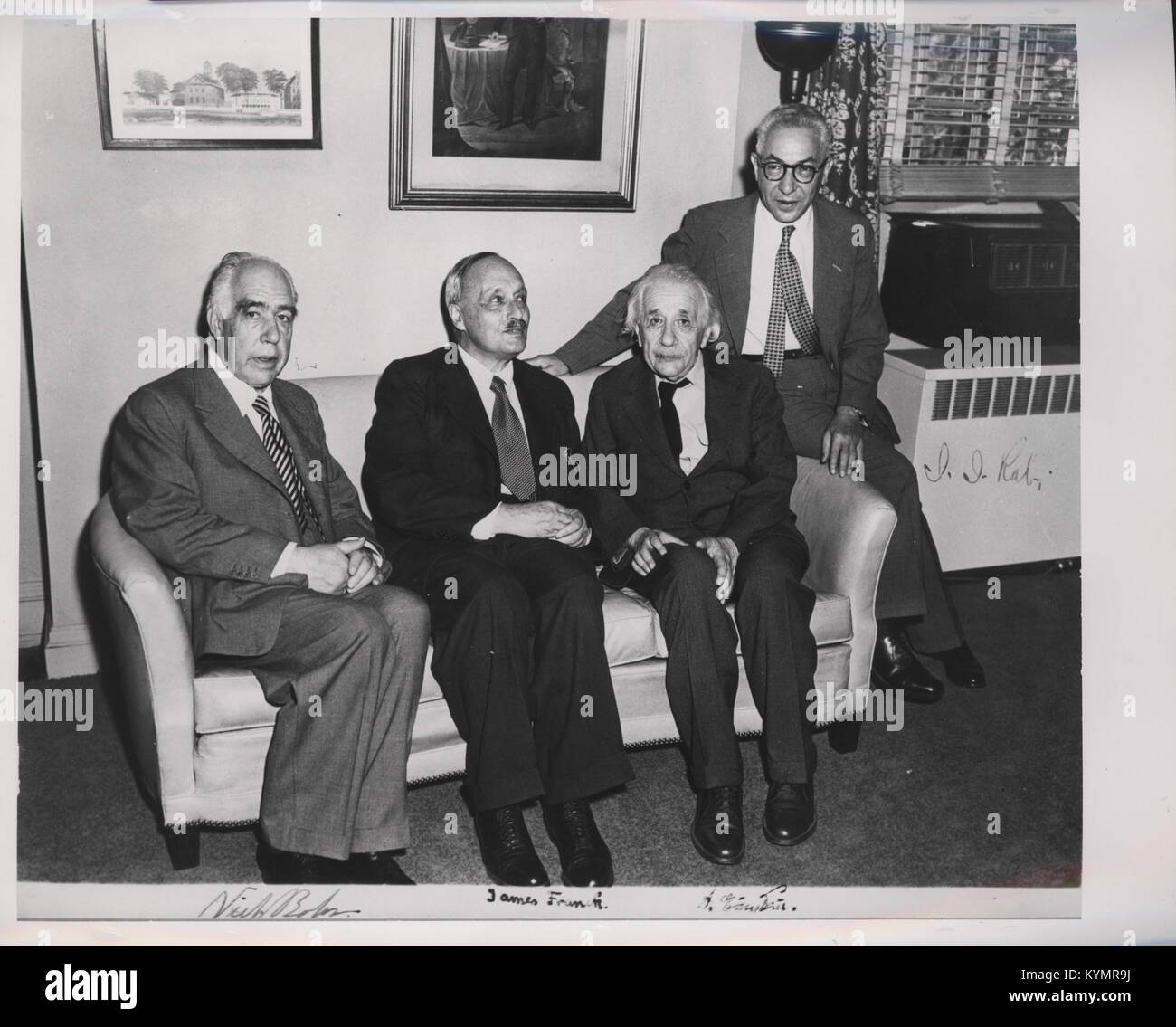 A historical photograph of physicist Albert Einstein, Isidor Isaac Rabi ...