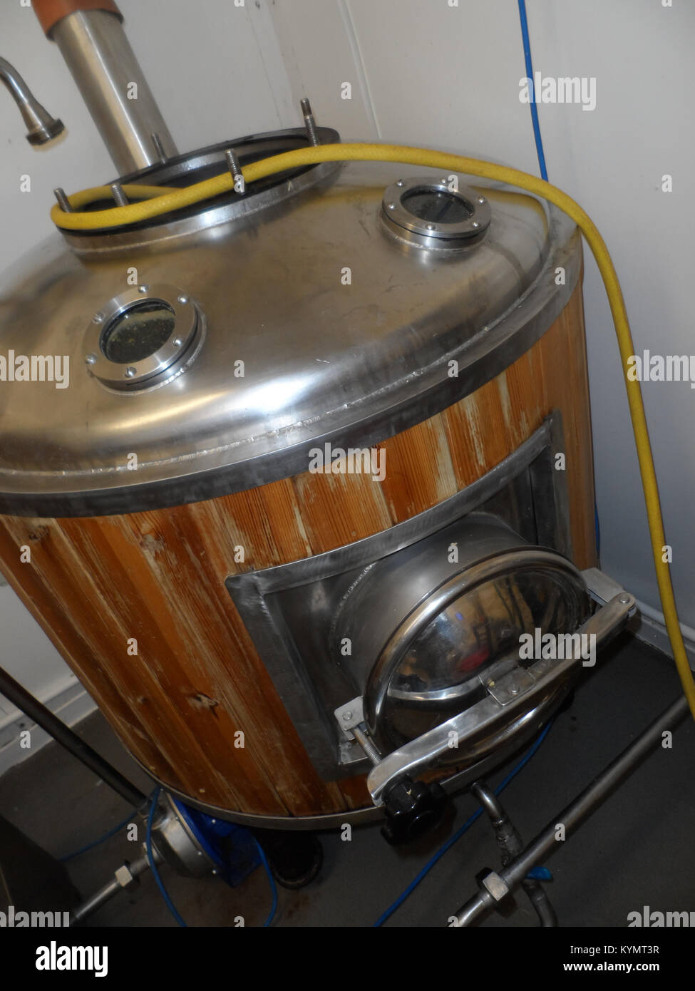 Boiling coppers used in making beer in a micro brewery, Durham, England ...