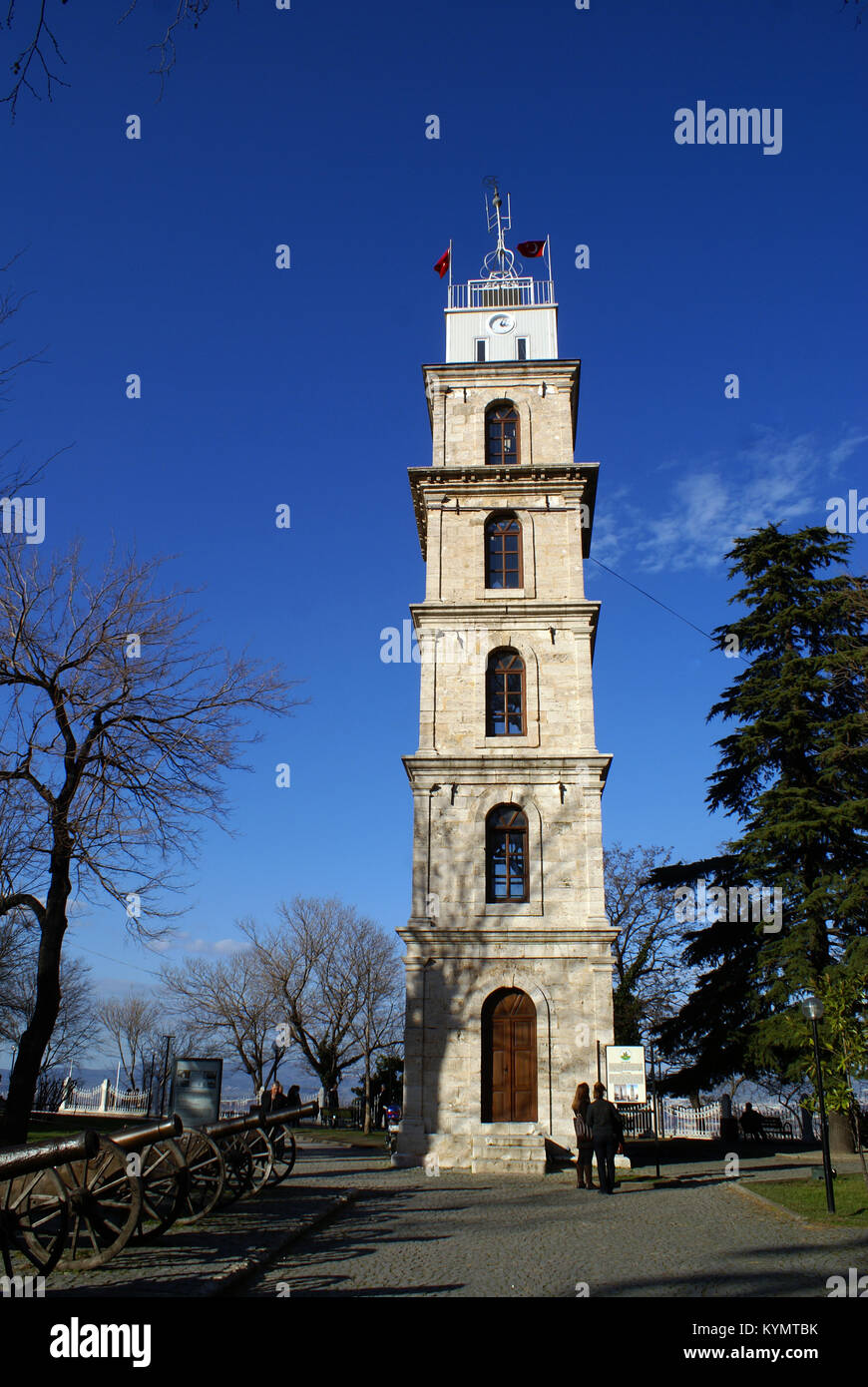 Clock tower and old guns in castle of Bursa, Turkey Stock Photo - Alamy
