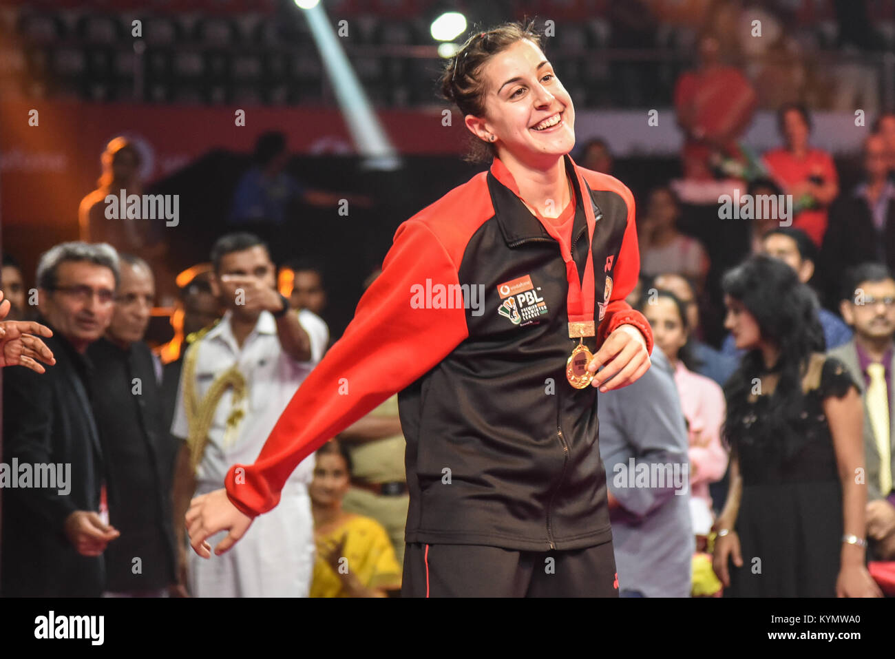 Hyderabad, India. 14th Jan, 2018. Carolina Marin of Hyderabad Hunters receive Super player of ...