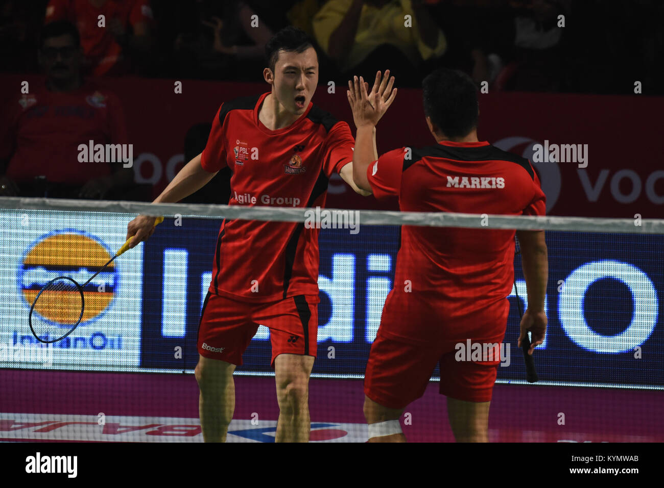 Hyderabad, India. 14th Jan, 2018. Hyderabad Hunters double team markis Kido, Yoo yeon Seong ...