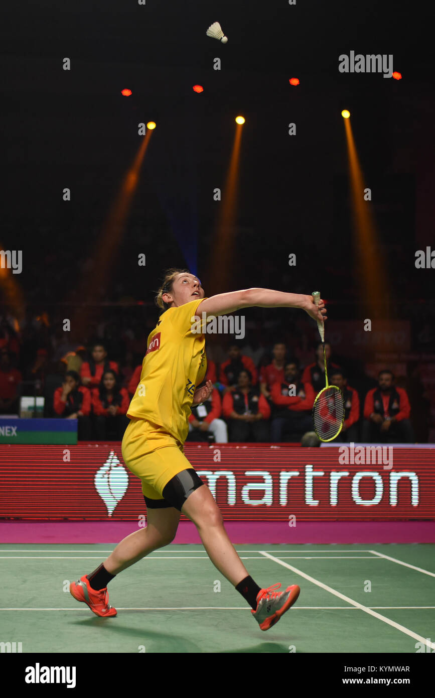 Hyderabad, India. 14th Jan, 2018. Kirsty Gilmour in action against Carolina Marin in PBL ...