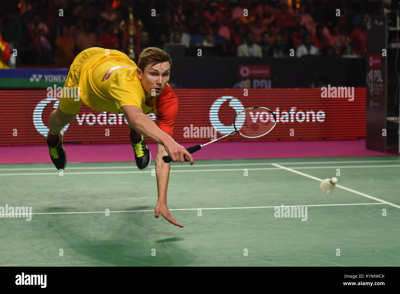 Hyderabad, India. 14th Jan, 2018. Viktor Axelsen of Bengaluru Blasters trying Aerobatic shot ...