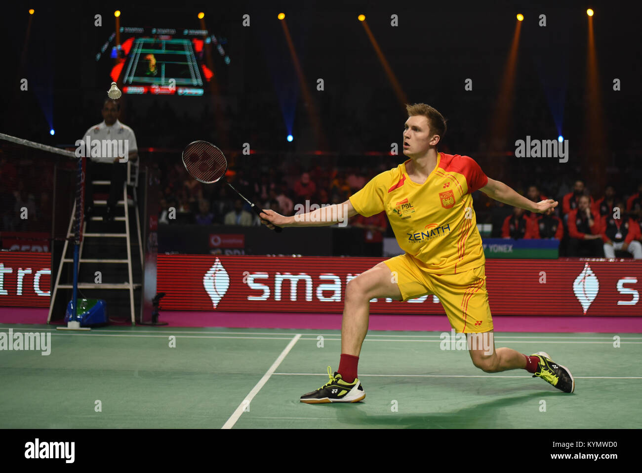 Hyderabad, India. 14th Jan, 2018. Viktor Axelsen in action during PBL Premiere Badminton League ...
