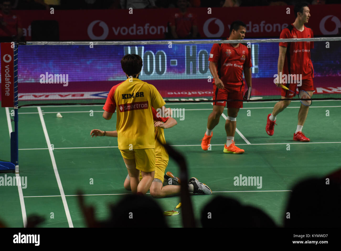 Hyderabad, India. 14th Jan, 2018. Doubles Team of Bengaluru Blaster Mathias, Kim SA Rang react ...