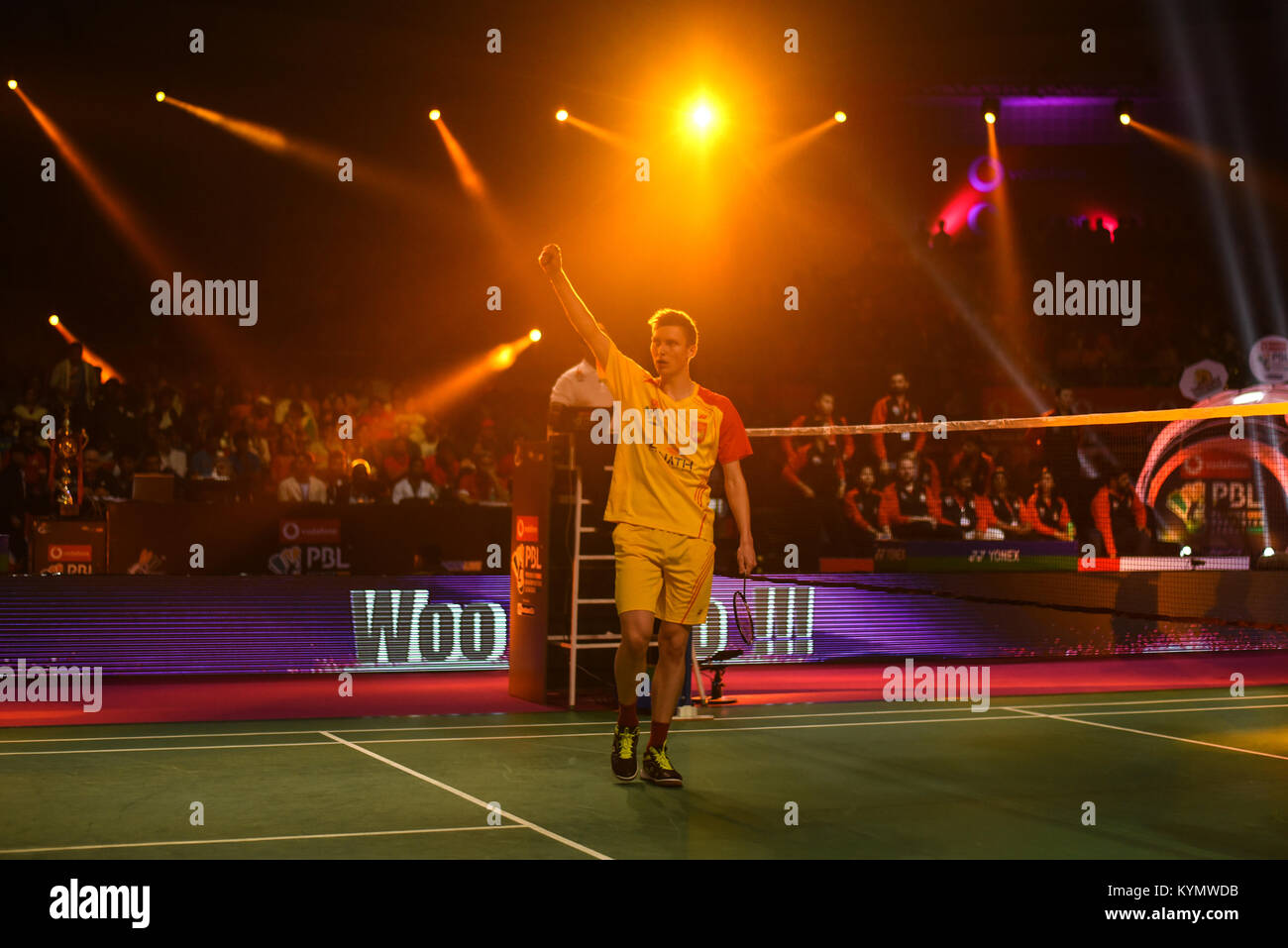 Hyderabad, India. 14th Jan, 2018. Viktor Axelsen of Bengaluru Blasters celebrate after beating ...