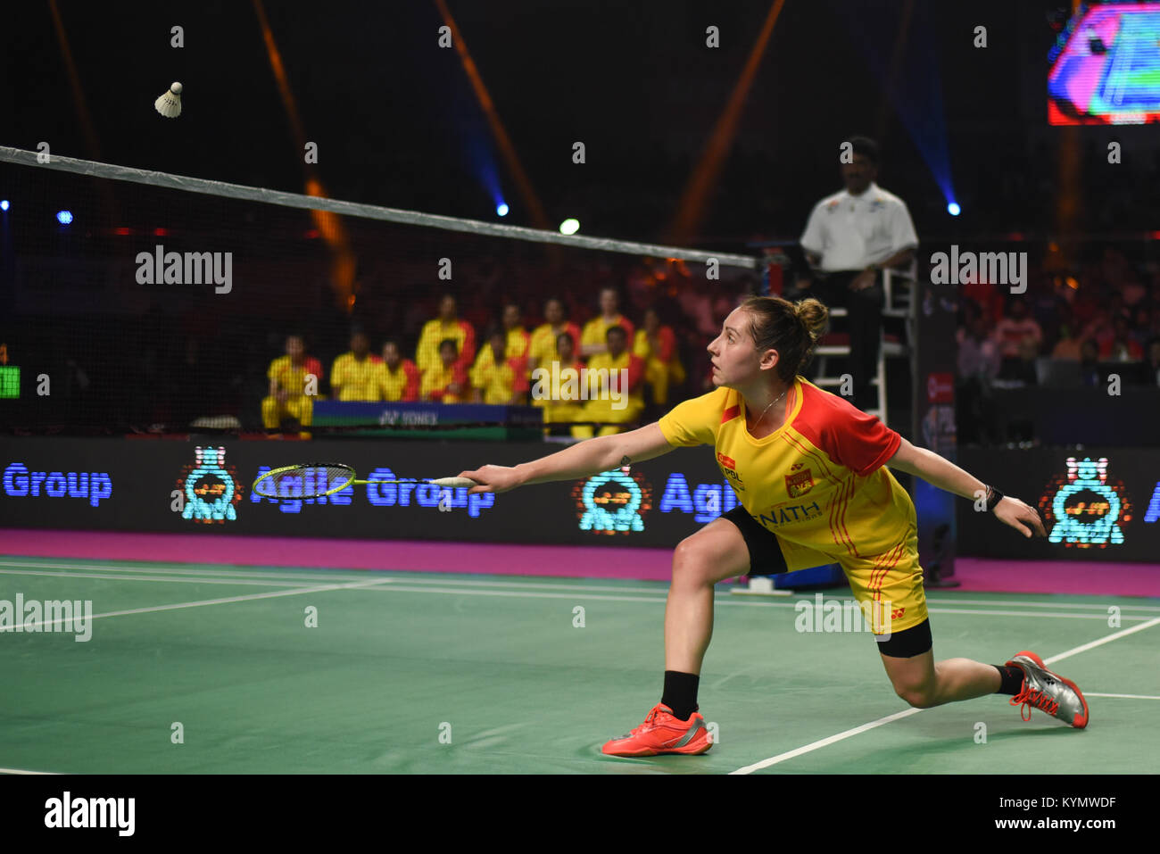 Hyderabad, India. 14th Jan, 2018. Kirsty Gilmour in action against Carolina Marin during PBL ...