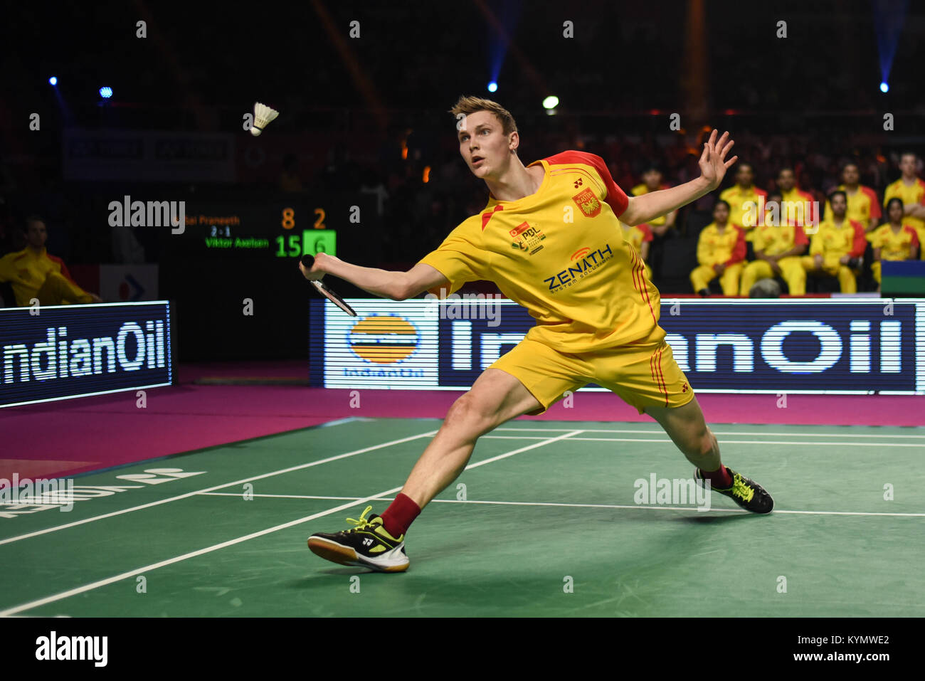 Hyderabad, India. 14th Jan, 2018. Viktor Axelsen in action during PBL ...