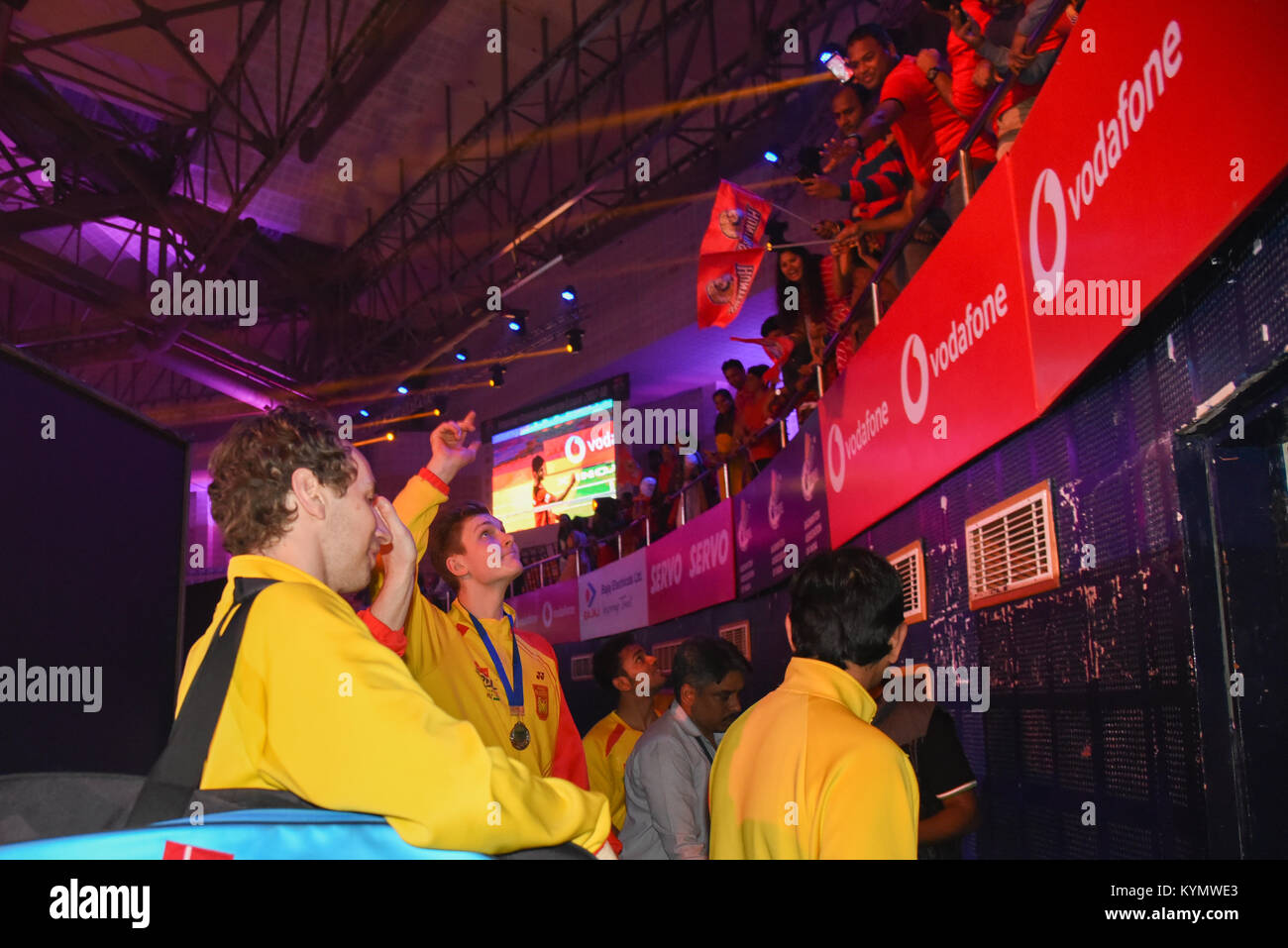 Hyderabad, India. 14th Jan, 2018. Bengaluru Blasters Player Viktor Axelsen and mathias Boe ...