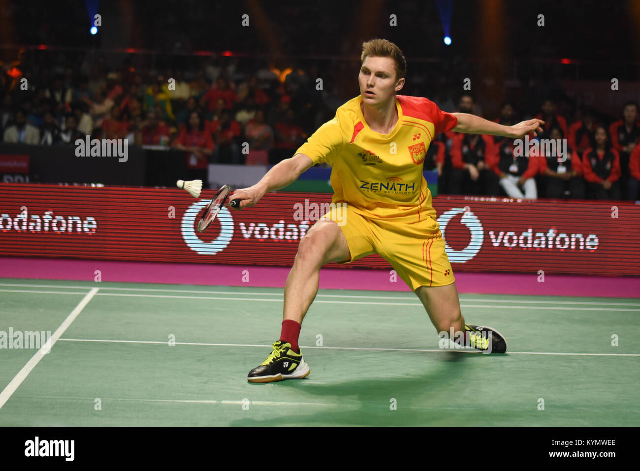 Hyderabad, India. 14th Jan, 2018. Viktor Axelsen in action during PBL Premiere Badminton League ...
