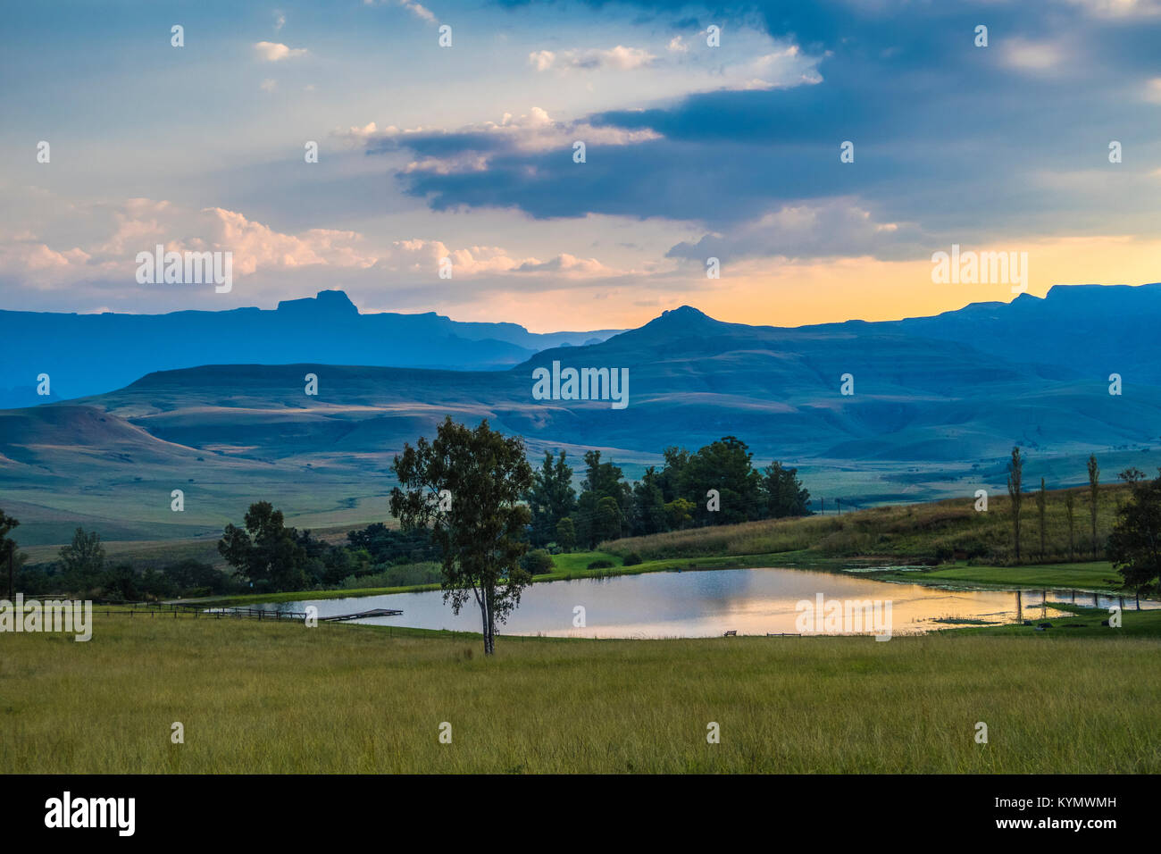 view of the mountains and a small lake, Drakensberg, South Africa Stock ...