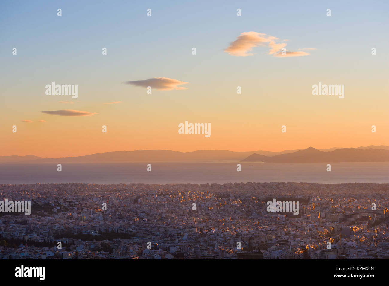 Aerial view of Athens (Greece), with Pireus port and Mediterranean Sea ...