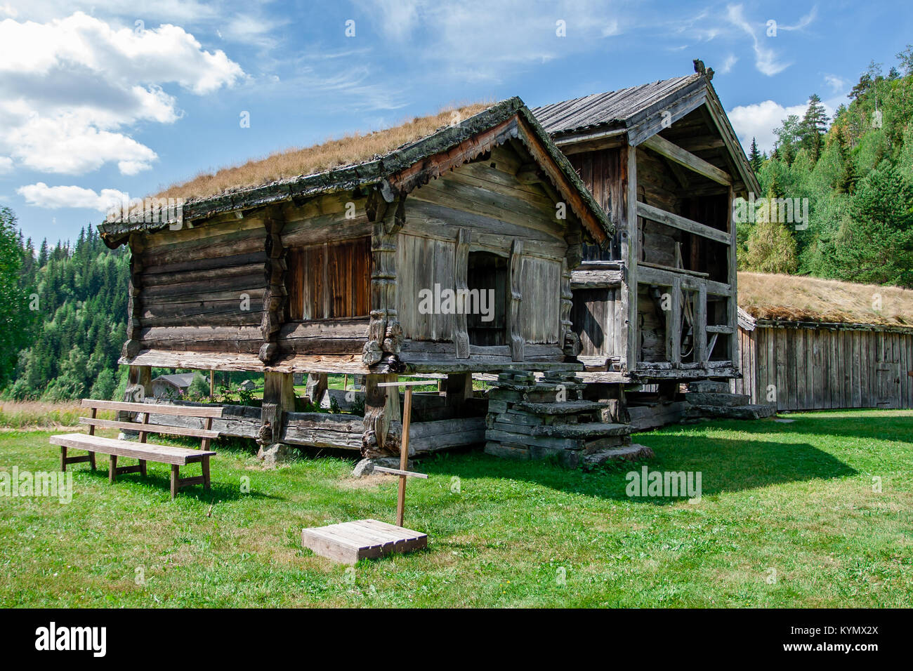Wooden houses and buildings at the open air West-Telemark Museum in ...