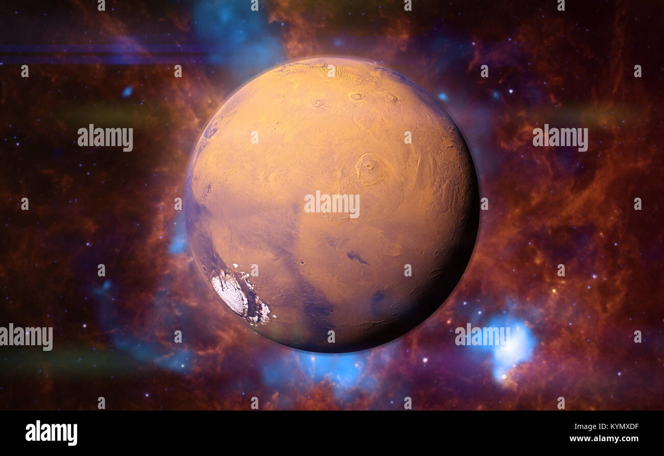 planet Mars in front of a colourful nebula (3d space illustration ...