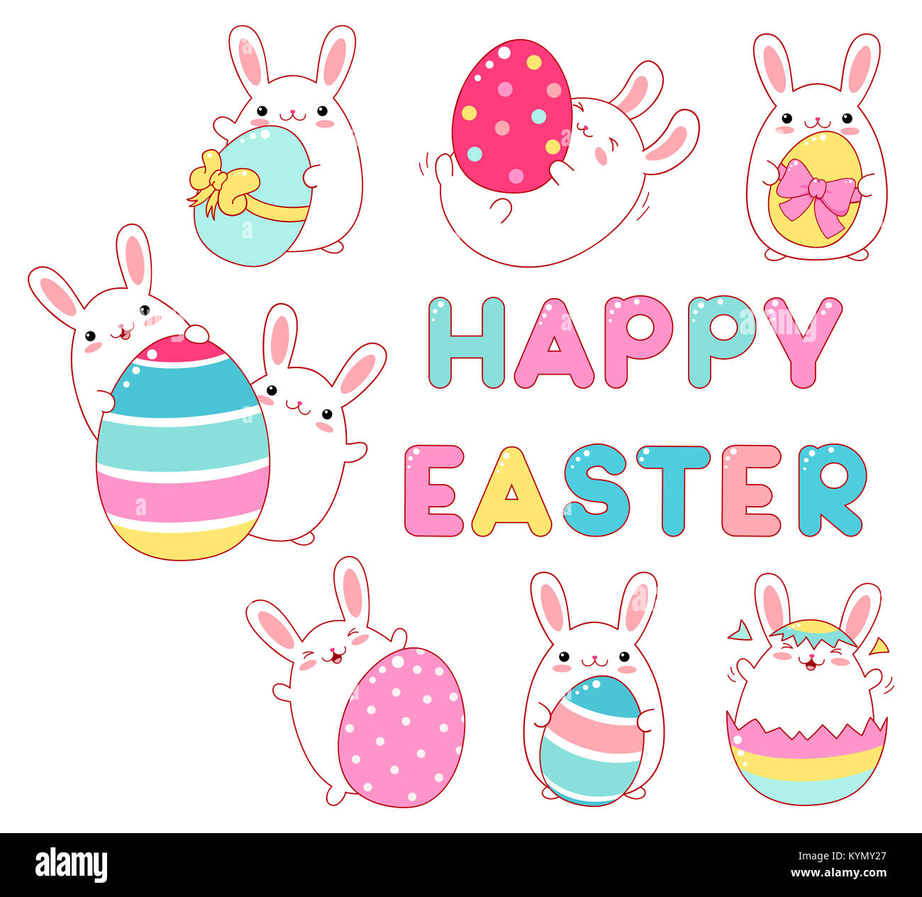 Set of cute rabbits with Easter eggs. Funny, happy, laughing, playing ...