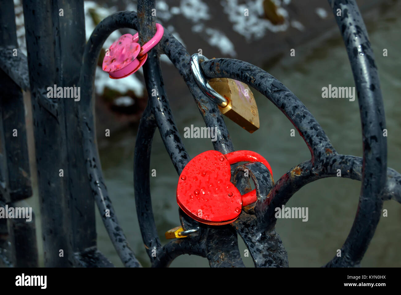 Multi Colored locks closed on iron grating Stock Photo - Alamy