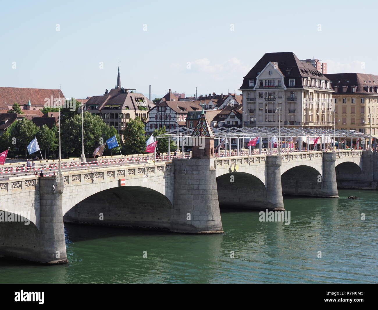 Stony Middle bridge over Rhine River in swiss city Basel center with ...