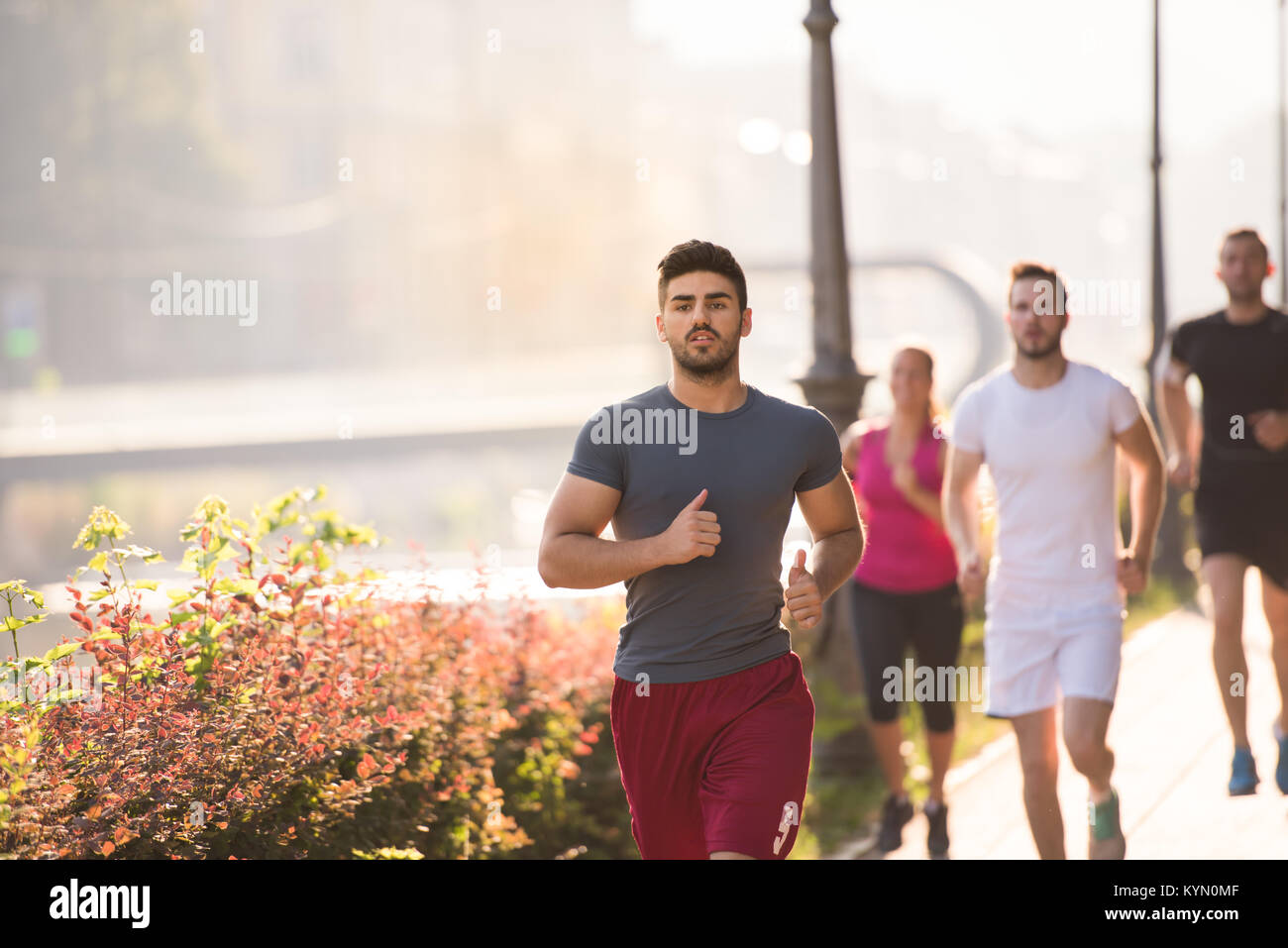 group of young sporty people jogging at sunny morning in the city Stock ...