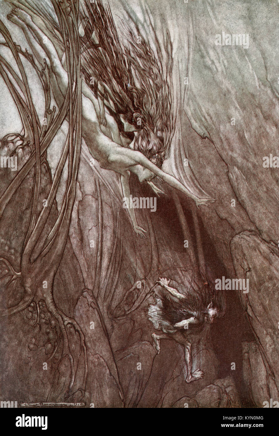 An illustration by Arthur Rackham from 'The Rhinegold & The Valkyrie ...