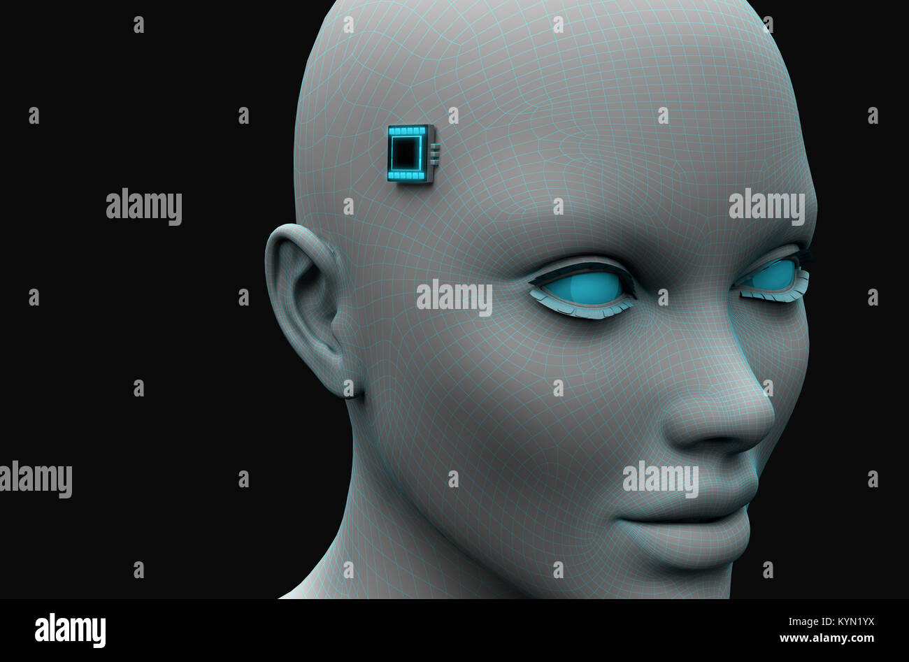 head of a woman with an electronic chip on her temples. 3d rendering ...