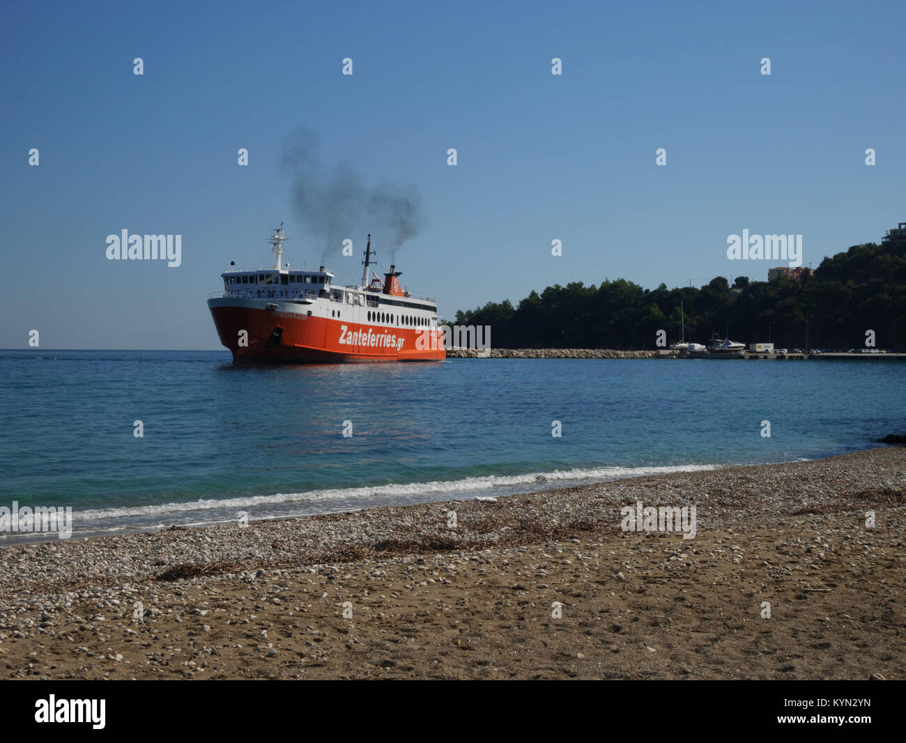 A ferry "Andreas Kalvos" from Kyllini docks at Poros, Kefalonia, Greece ...