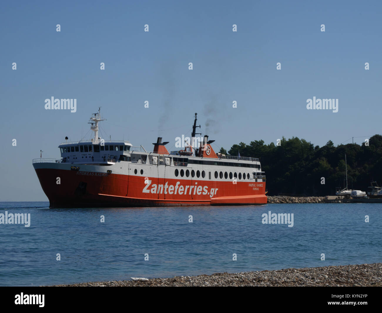 A ferry "Andreas Kalvos" from Kyllini docks at Poros, Kefalonia, Greece ...