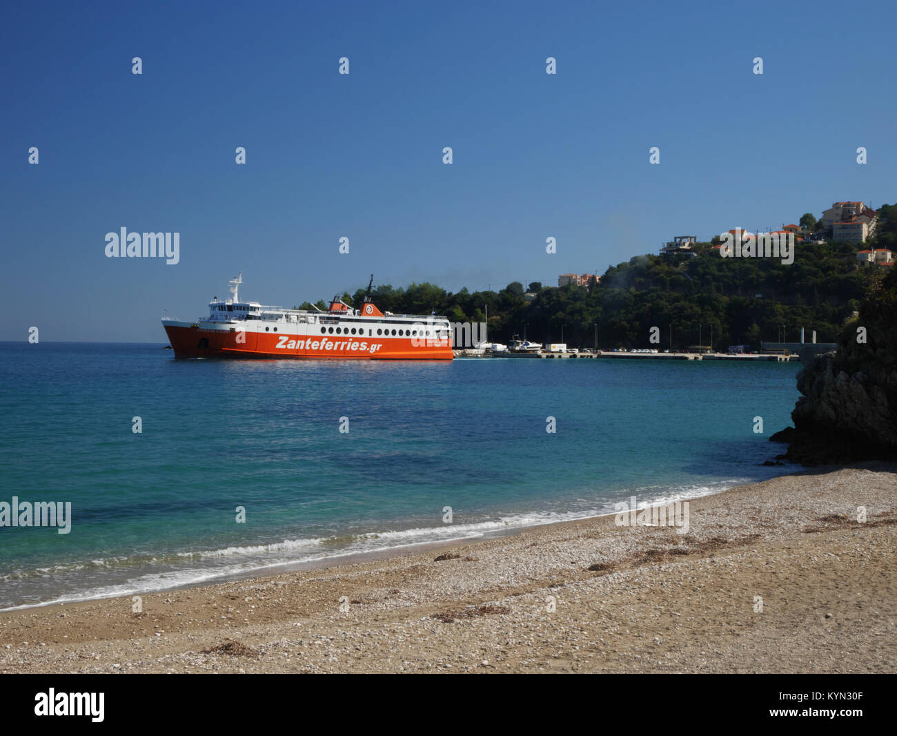 A ferry "Andreas Kalvos" from Kyllini docks at Poros, Kefalonia, Greece ...