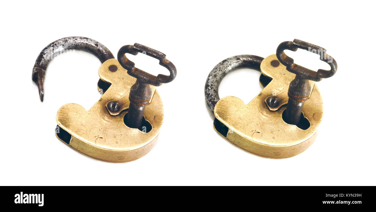 Vintage brass padlock, open and closed, with key Stock Photo - Alamy