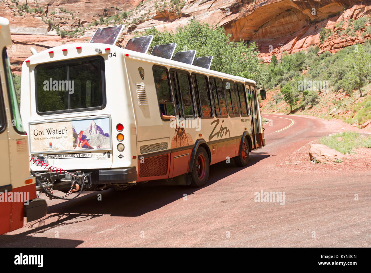 Springdale, Utah, USA - June 3, 2015: Zion Park Bus transports tourists ...