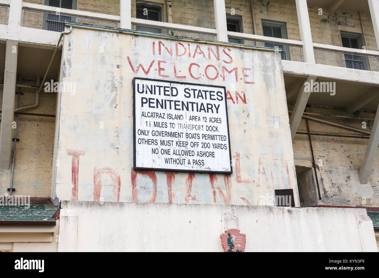 Indians Welcome and entrance sign at the ferry terminal at Alcatraz ...