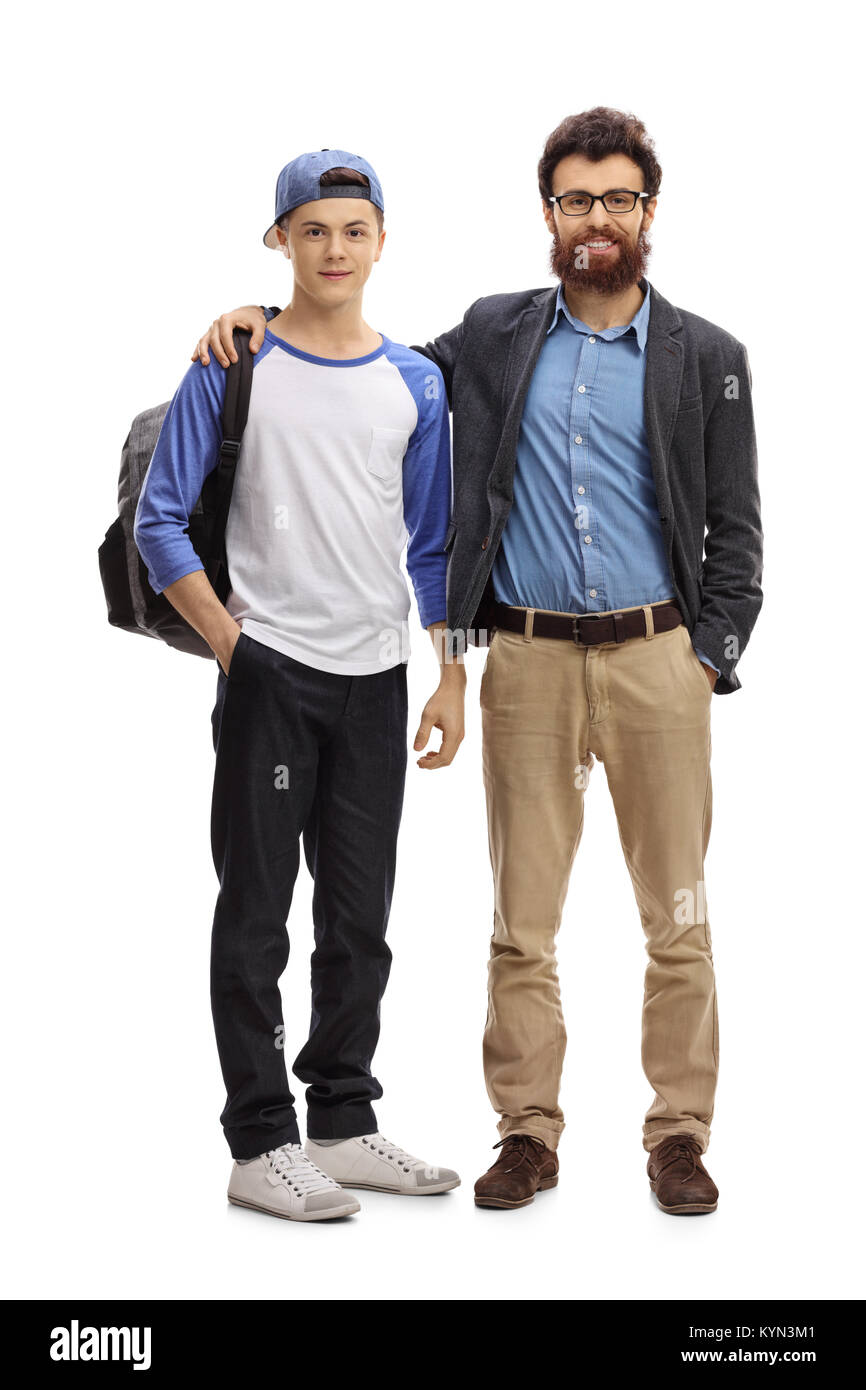 Full length portrait of a father and his teenage son isolated on white ...