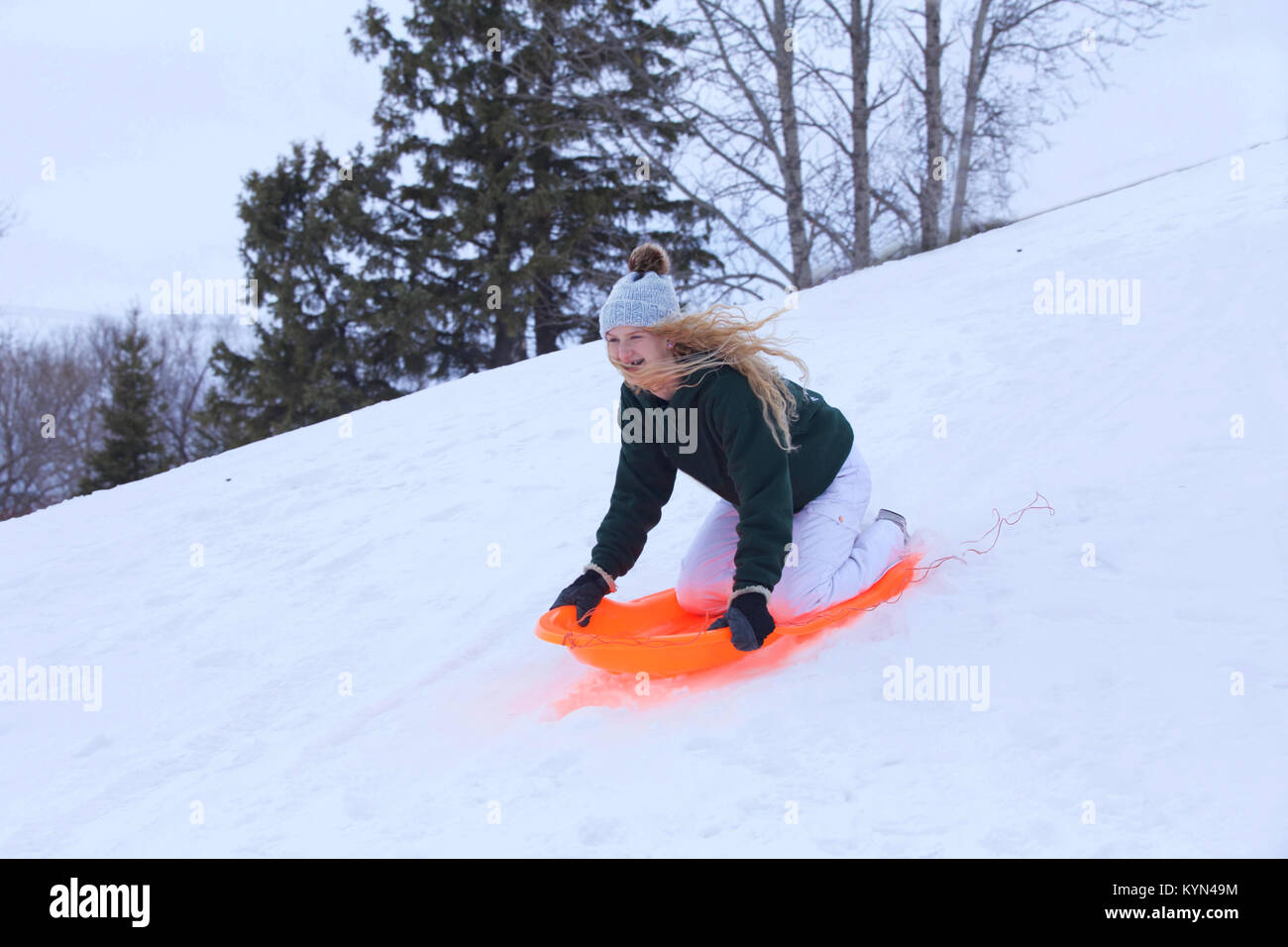 A laughing teenage girl with her long hair blowing sliding downhill on ...