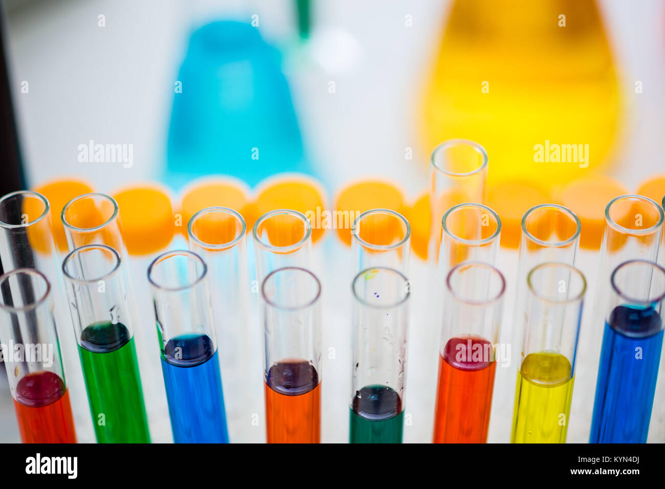 Test tubes and sample vials in school science lab for experiments Stock ...