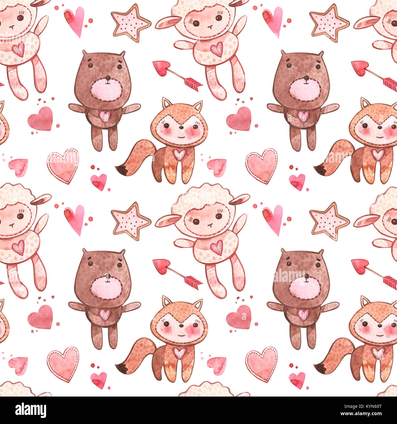 Seamless patterns with animals. Pink Watercolor set of elements for ...